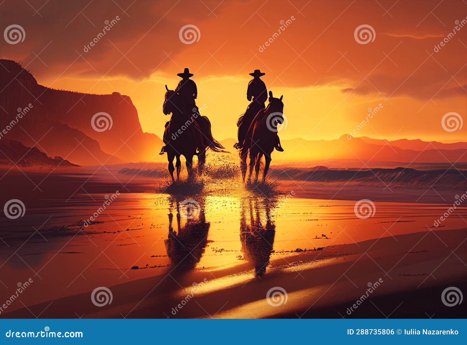 Two Riders Travel on Horseback Along the Seashore. AI Generated Stock ...
