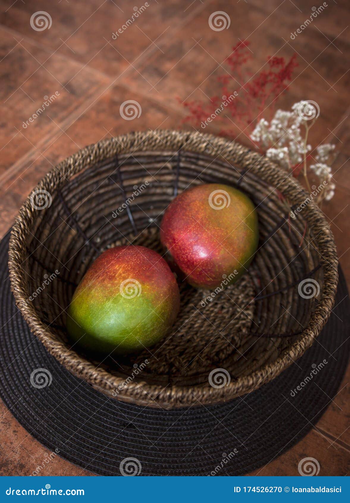 Two Ripe Mango Fruits in Braided Basket Stock Photo - Image of mango ...