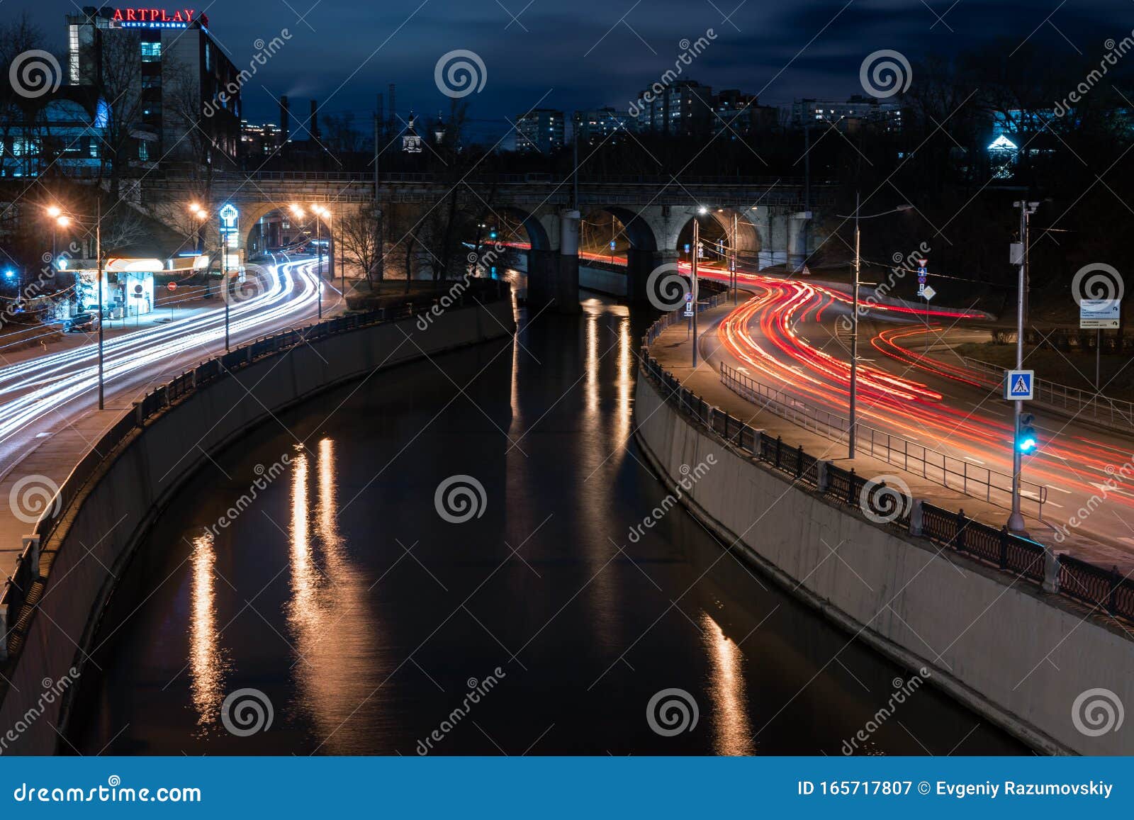 Two Roads with Light Trails and River between Them Stock Image - Image ...
