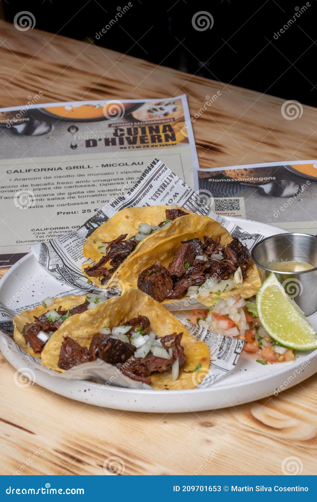 Two Roast Beef Tacos with Coriander and Onion in Corn Tortillas ...