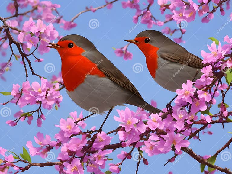 Two Robin Birds Sitting on a Branch of Blossoming Sakura Stock ...