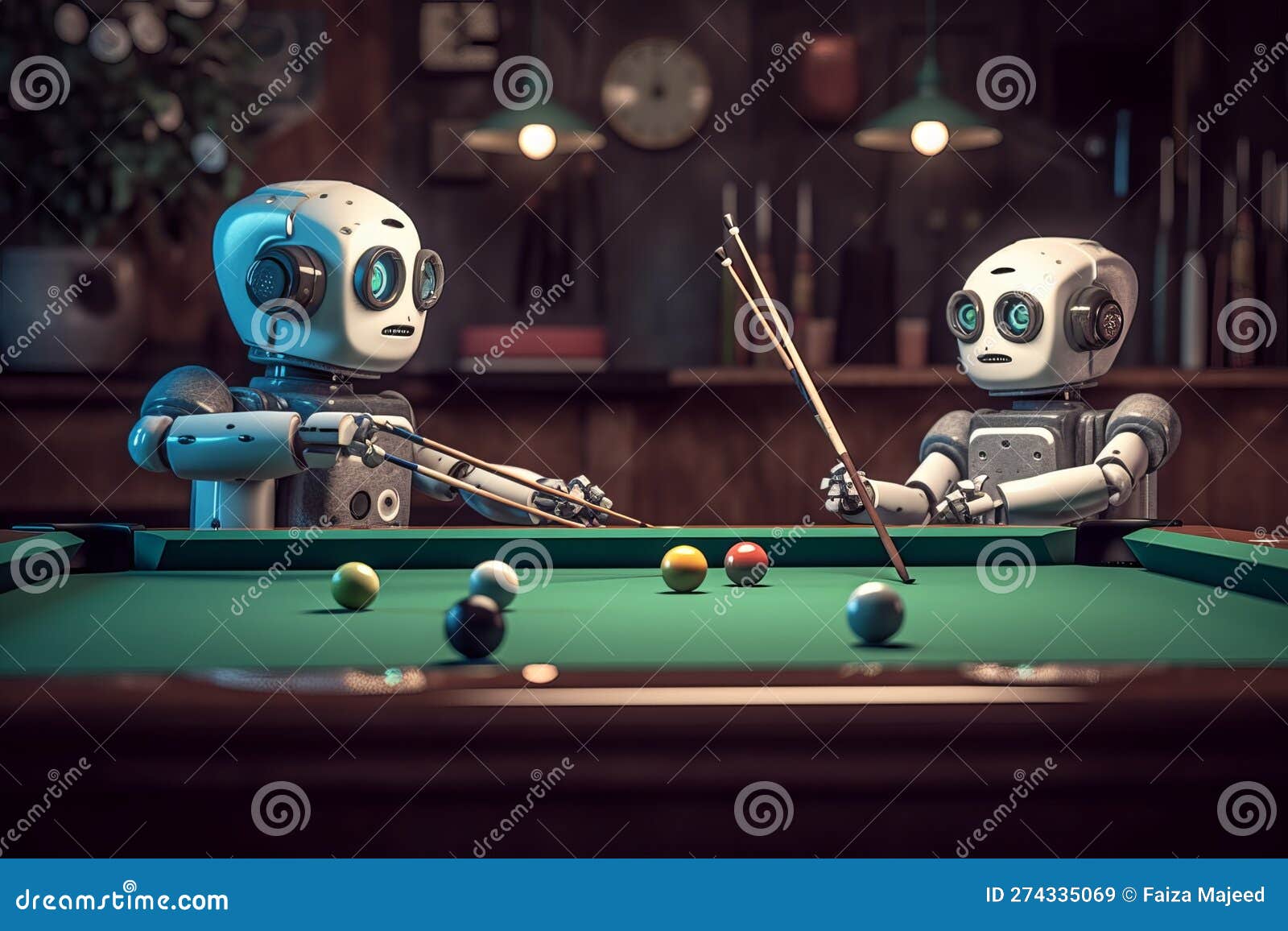 Two Robot Friends Playing Pool Billiard Table Game Together, Generative ...