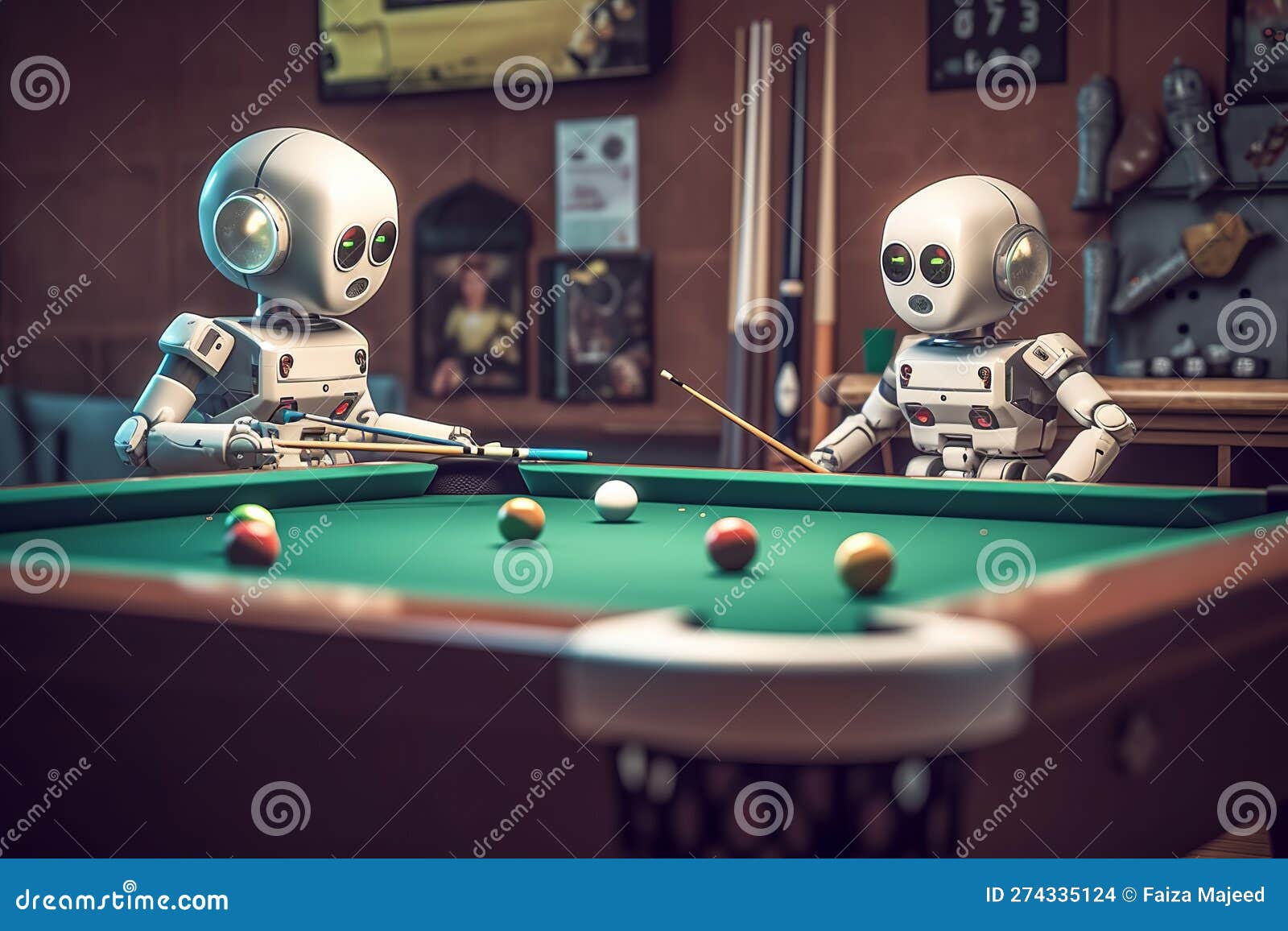 Two Robot Friends Playing Pool Billiard Table Game Together, Generative ...