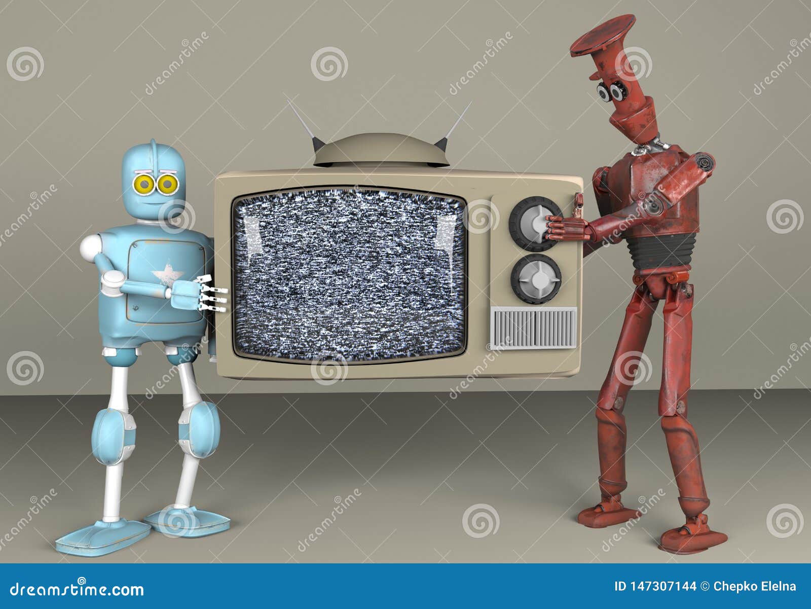 Two Robot Holding Televizion, 3d, Render Stock Illustration ...