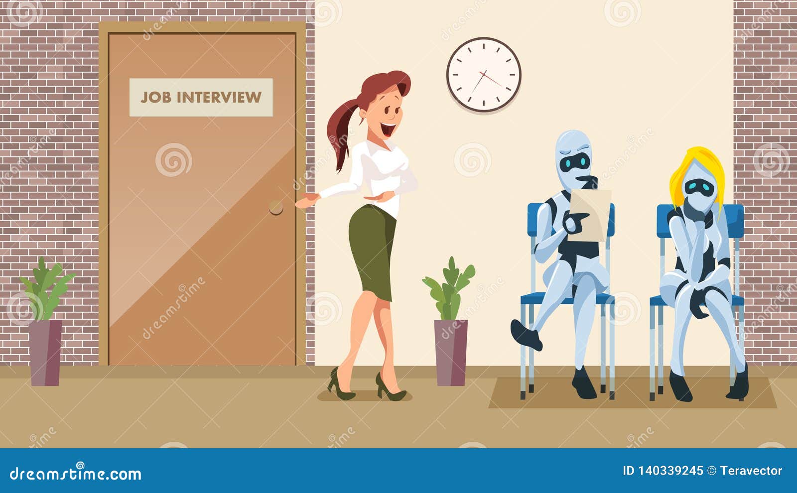 Two Robot Wait Job Interview in Office Corridor Stock Vector ...