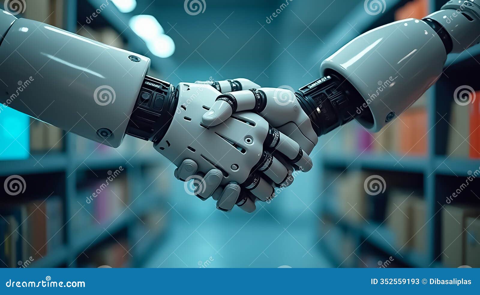 Two Robotic Arms Perform a Handshake in a Modern Library Filled Stock ...