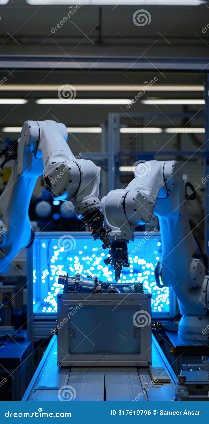 Two Robotic Arms Working on Assembly Line Stock Illustration ...