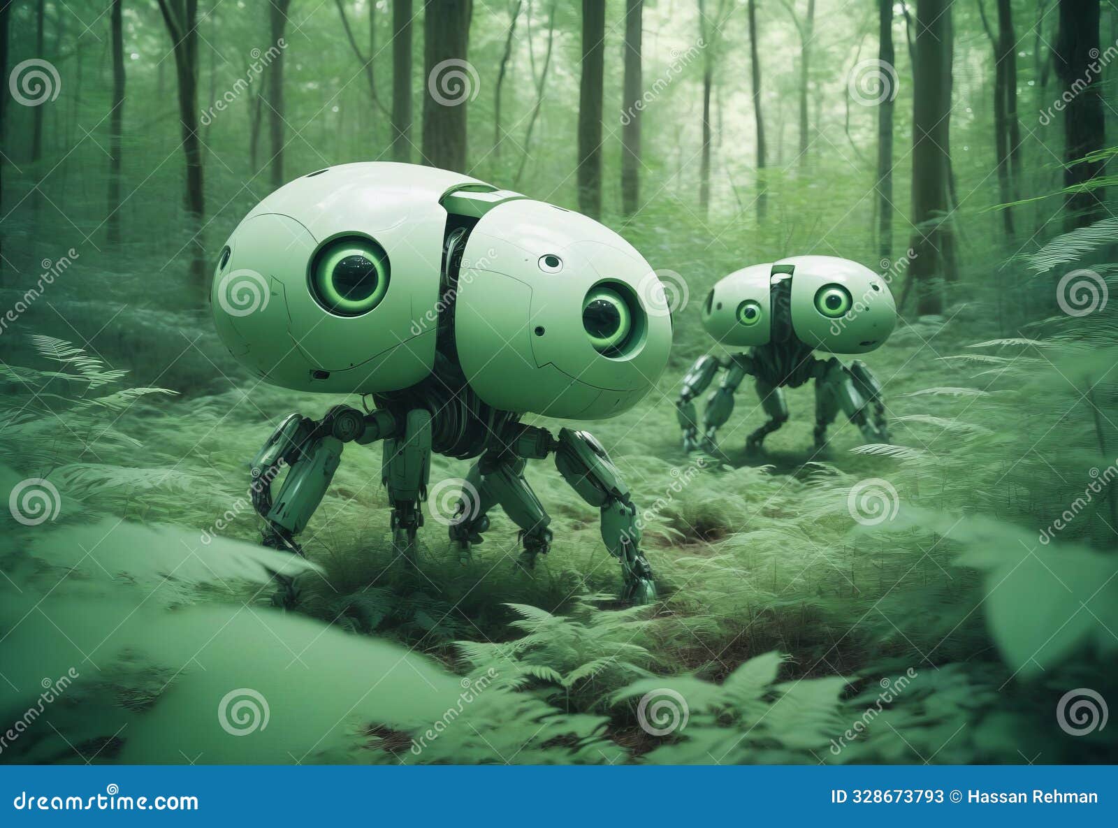 Two Robotic Creatures with Large Eyes and Mechanical Features in a Lush ...