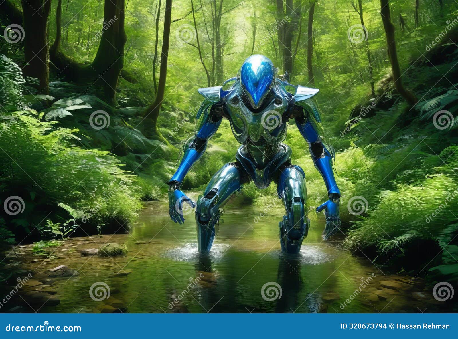 Two Robotic Creatures with Large Eyes and Mechanical Features in a Lush ...