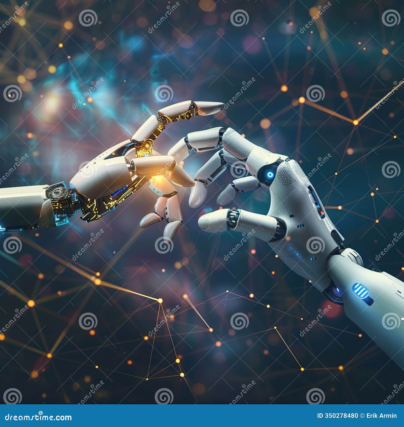 Two Robotic Hands Reaching, Connecting, Futuristic Technology Stock ...