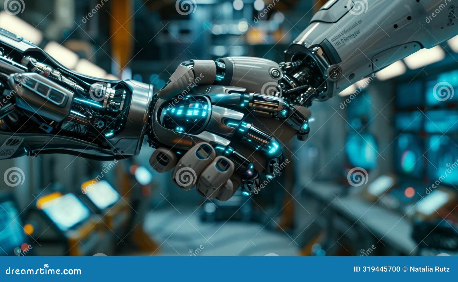 Two Robotic Hands Shaking in a High-tech Laboratory, Symbolizing ...