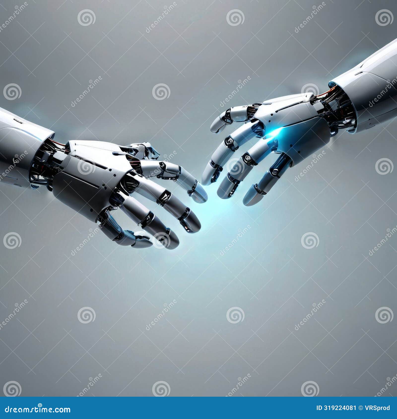 Two Robotic Hands Touching with Blue Light Connection on Gray ...