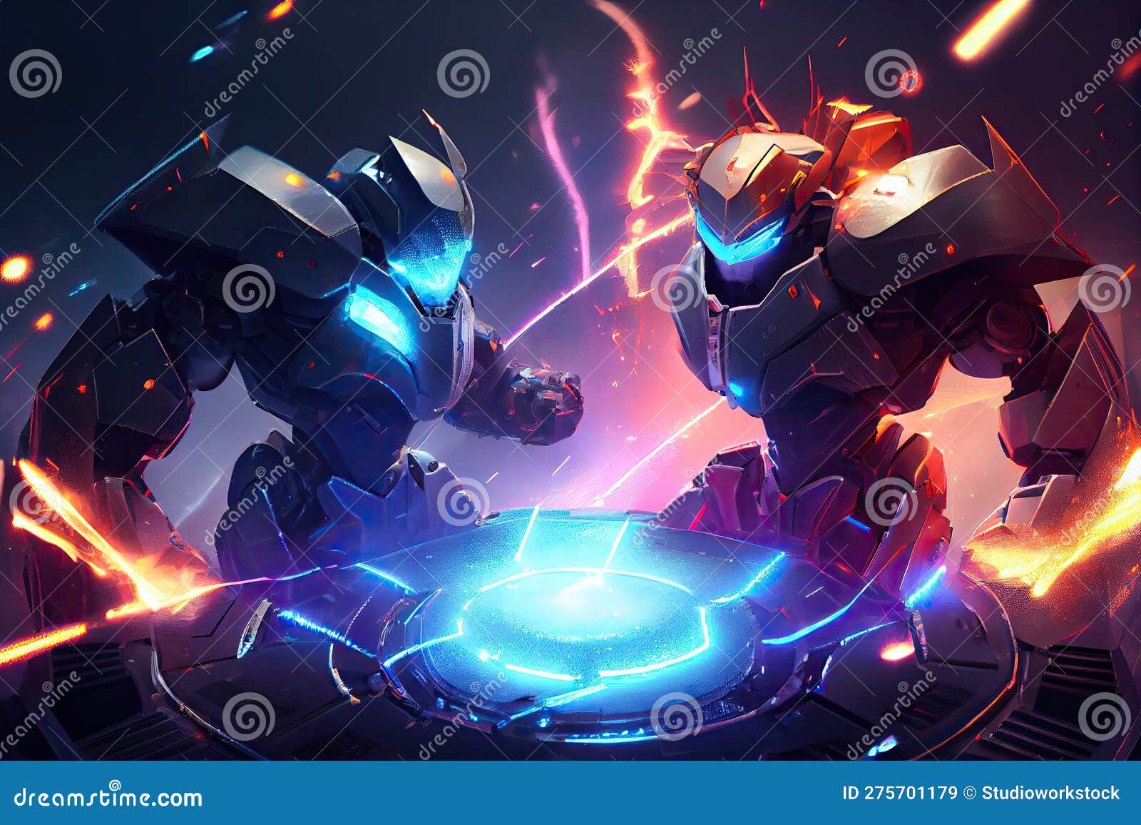 Two Robots Battle it Out in Futuristic Arena, with Sparks Flying and ... Two Robots Battle it Out in Futuristic Arena, with Sparks Flying and ...