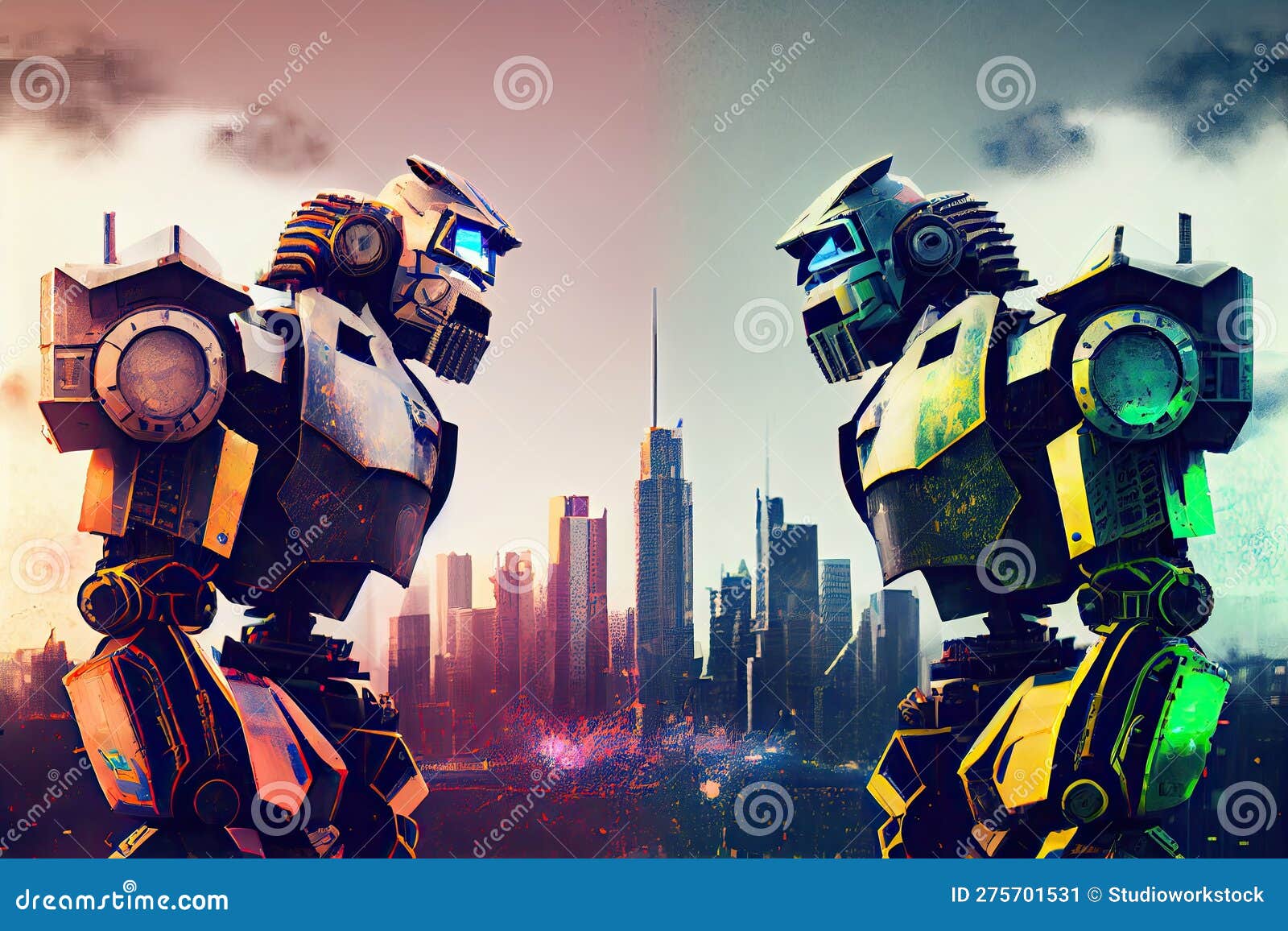 Two Robots of Different Colors, in Confrontation on the City Skyline ...