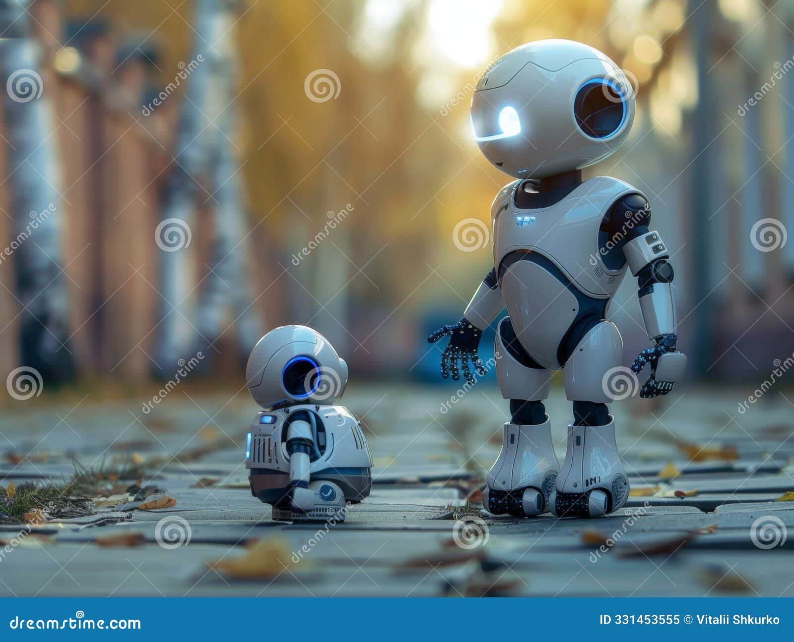 Two Robots Exploring a Quiet Pathway Lined with Autumn Trees during ...