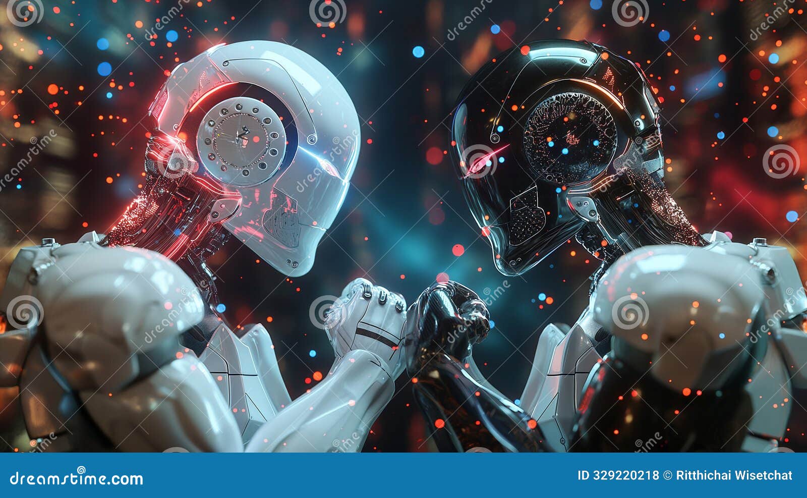 Two Robots Face Each Other, Gripping Hands, with Red and Blue Digital ...