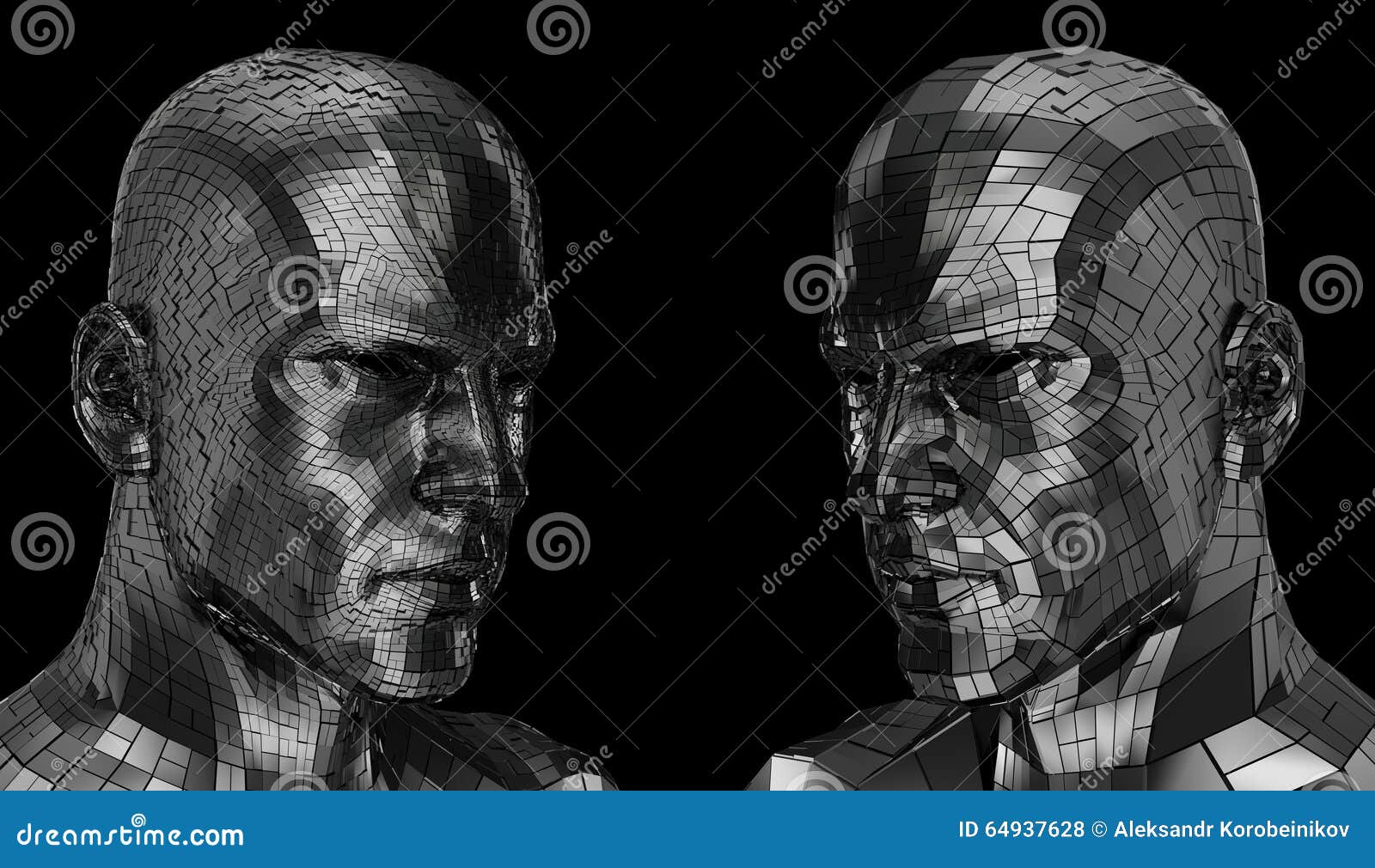 Two Robots Face Looking Sideway through the Camera Stock Illustration ...
