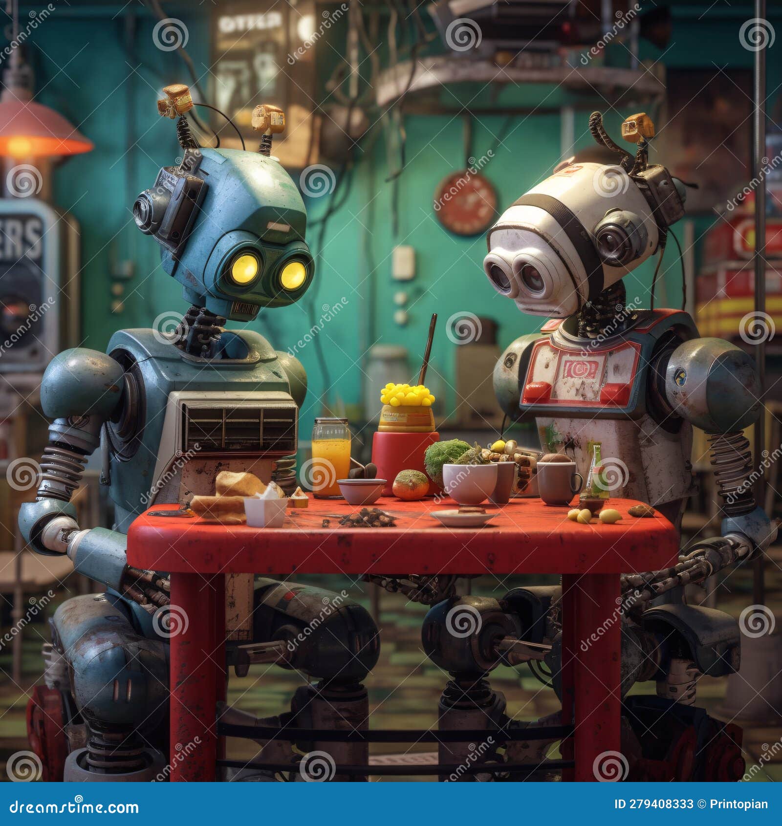 Two Robots Having Lunch in a Busy Workshop Stock Illustration ...
