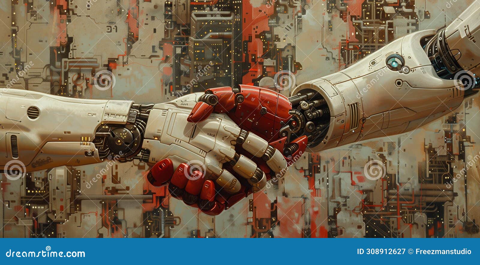 Two Robots Making a Gesture Event, Shaking Hands in Front of a Building ...