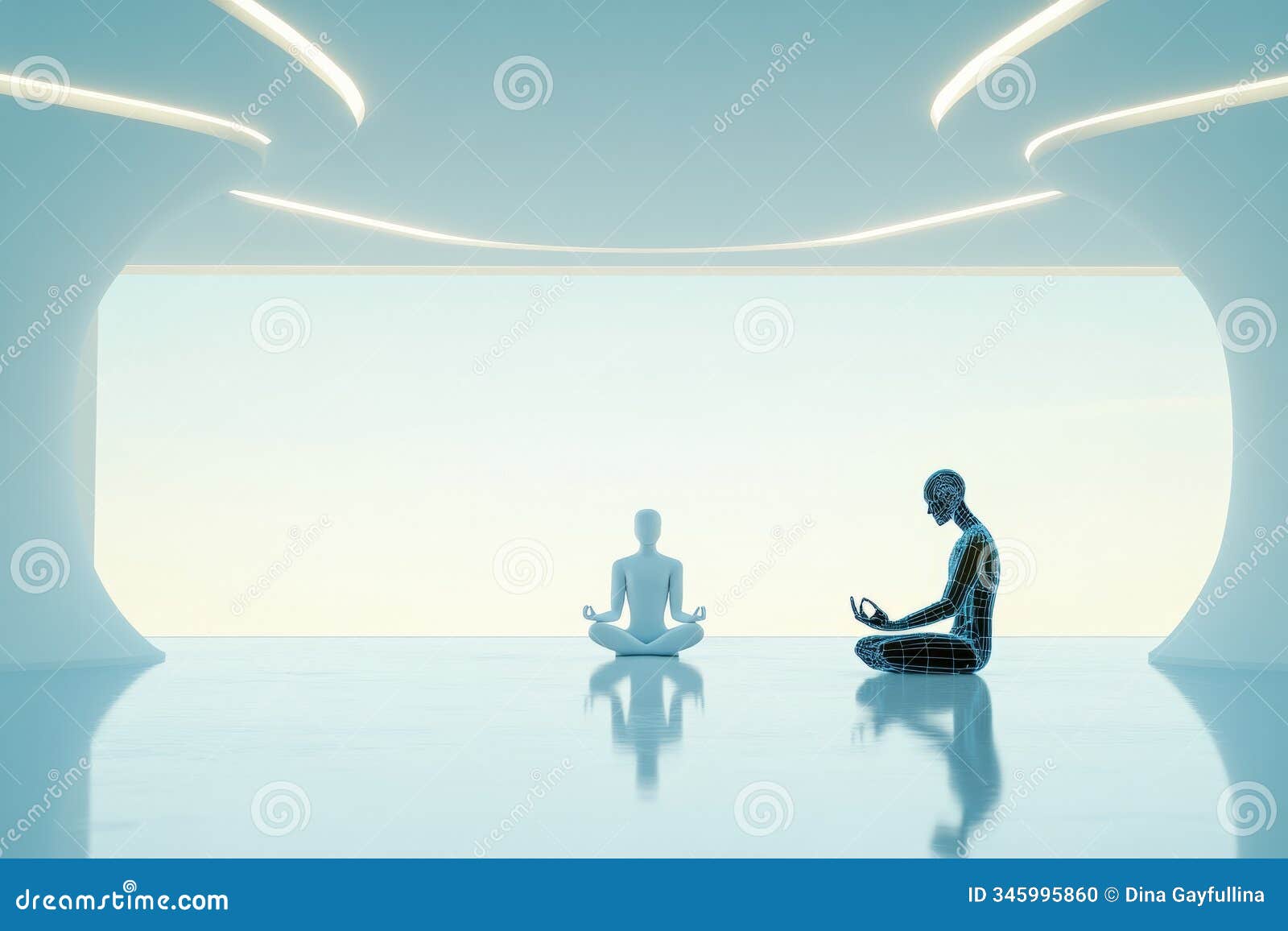 Two Robots Meditating in a Futuristic Setting, Symbolizing Technology ...