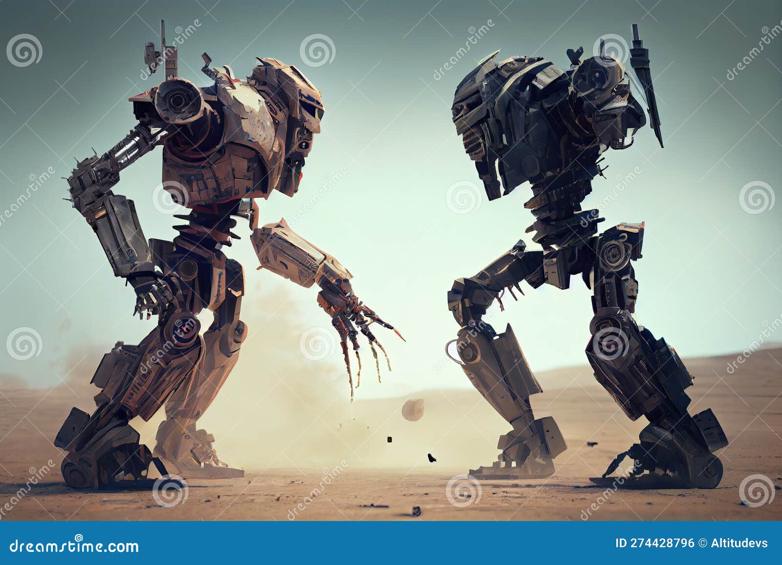 Two Robots, One with Its Head and Arms Torn Off, Face Each Other in ...