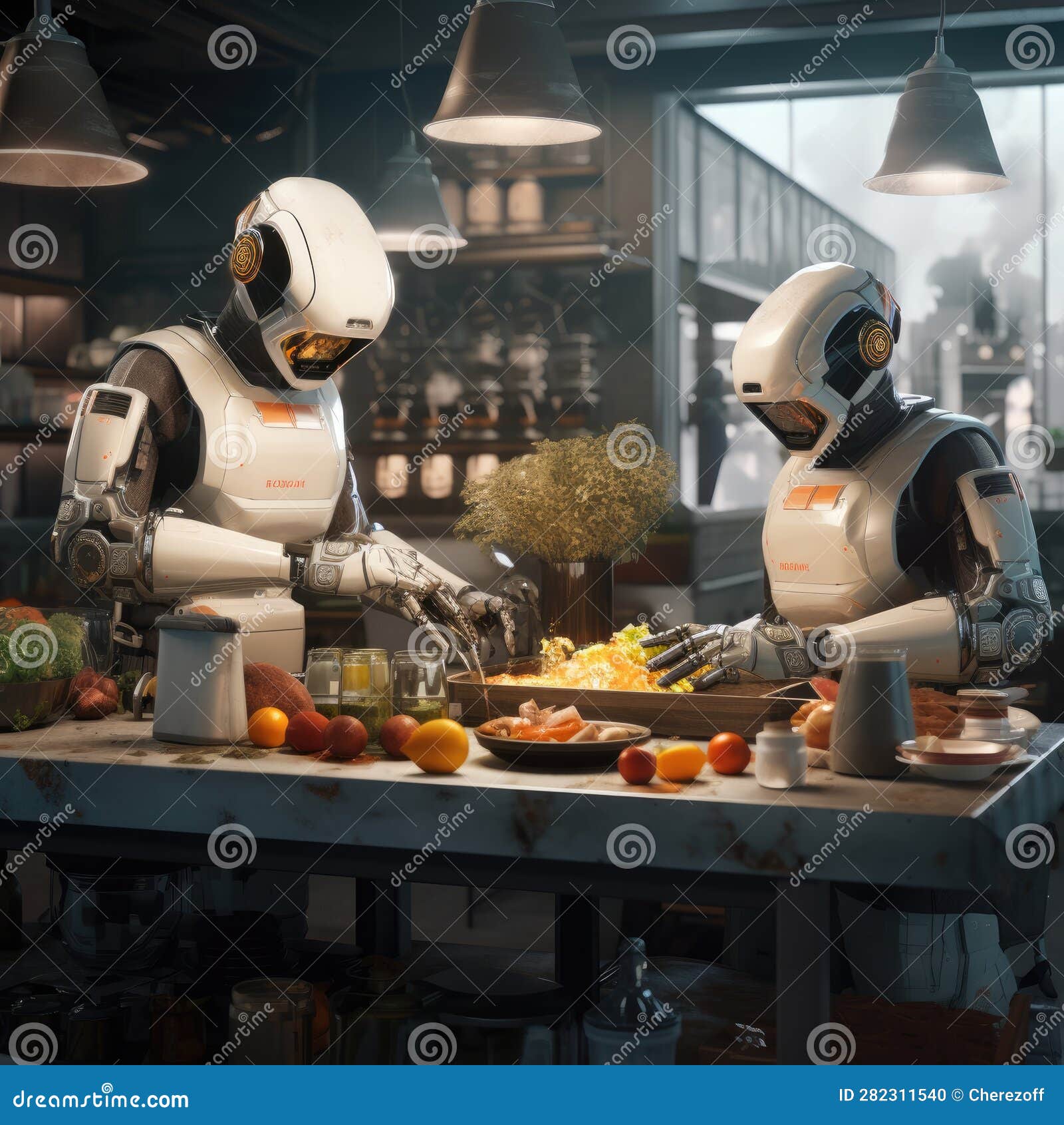 Two Robots Preparing Food in the Kitchen Stock Illustration ...