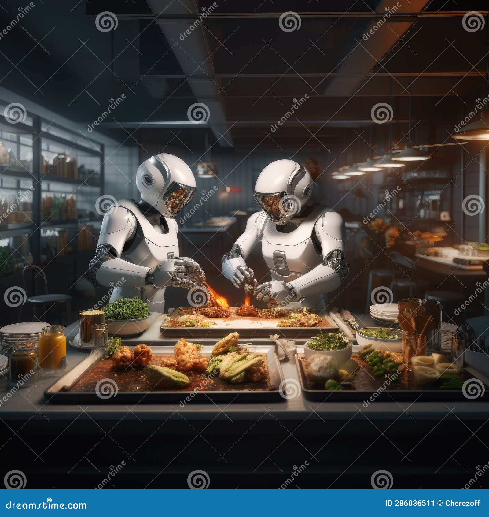 Two Robots Preparing Food in the Kitchen Stock Illustration ...