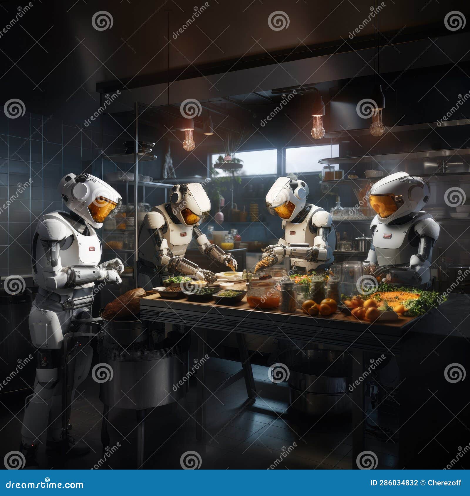 Two Robots Preparing Food in the Kitchen Stock Illustration ...