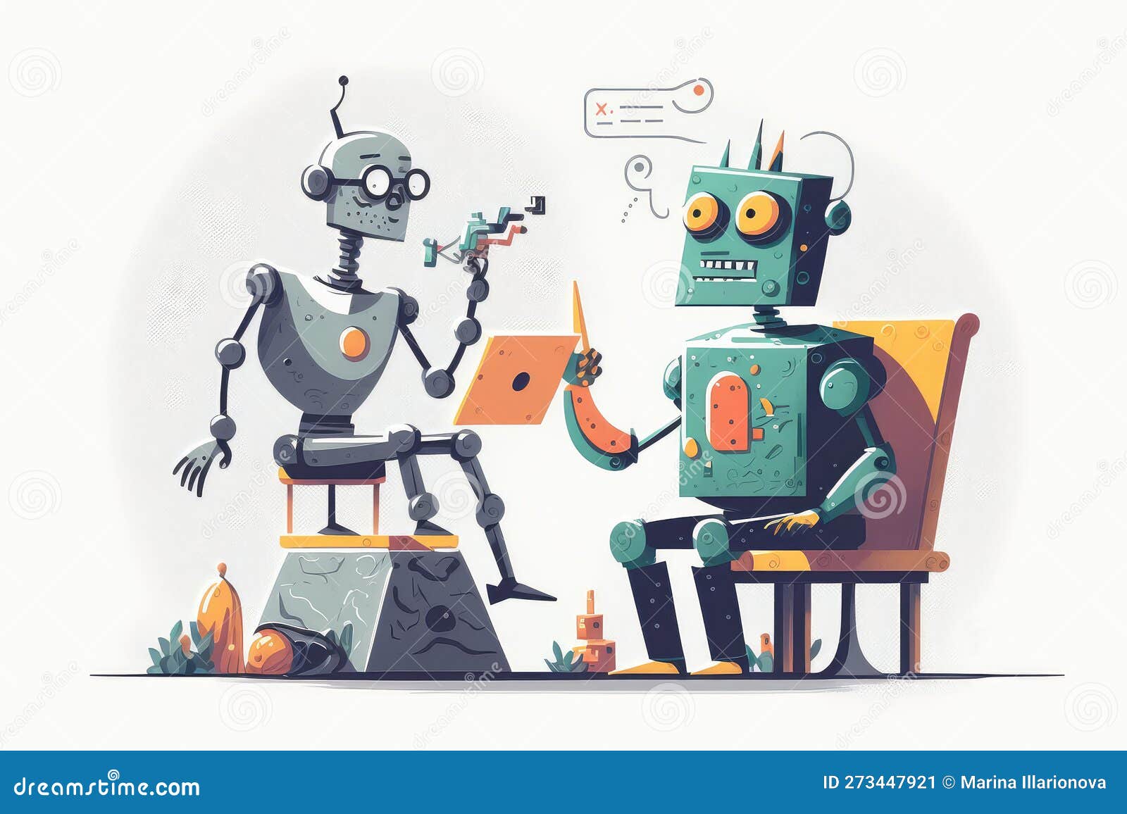 Two Robots Sit on Chairs and Talk. Lesson for Androids. Generative AI ...