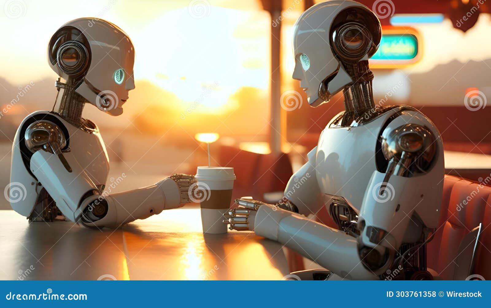 Two Robots Sitting at a Table Having Coffee in a Cafe Stock ...
