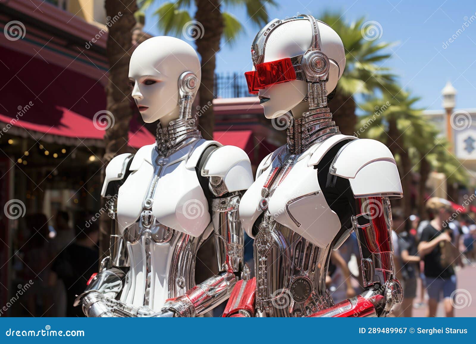Two Robots Stand in Front of a Building, AI Stock Illustration ...