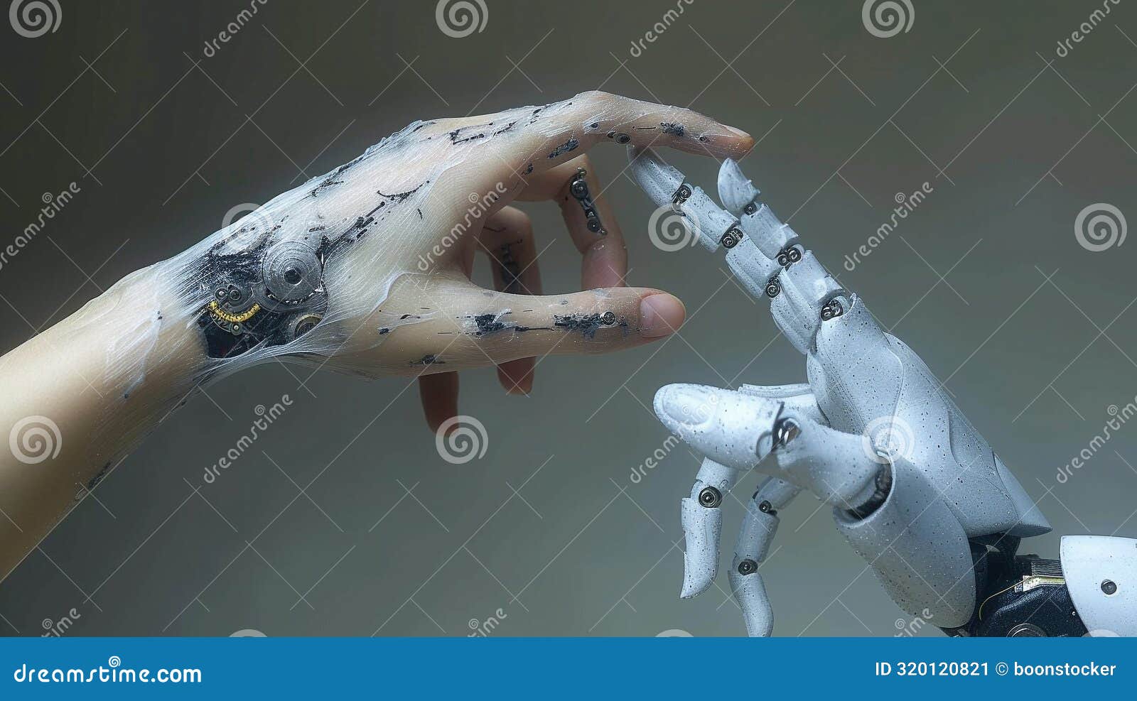 Two Robots Touch Hands on a Gray Background. AI Generated. Stock ...