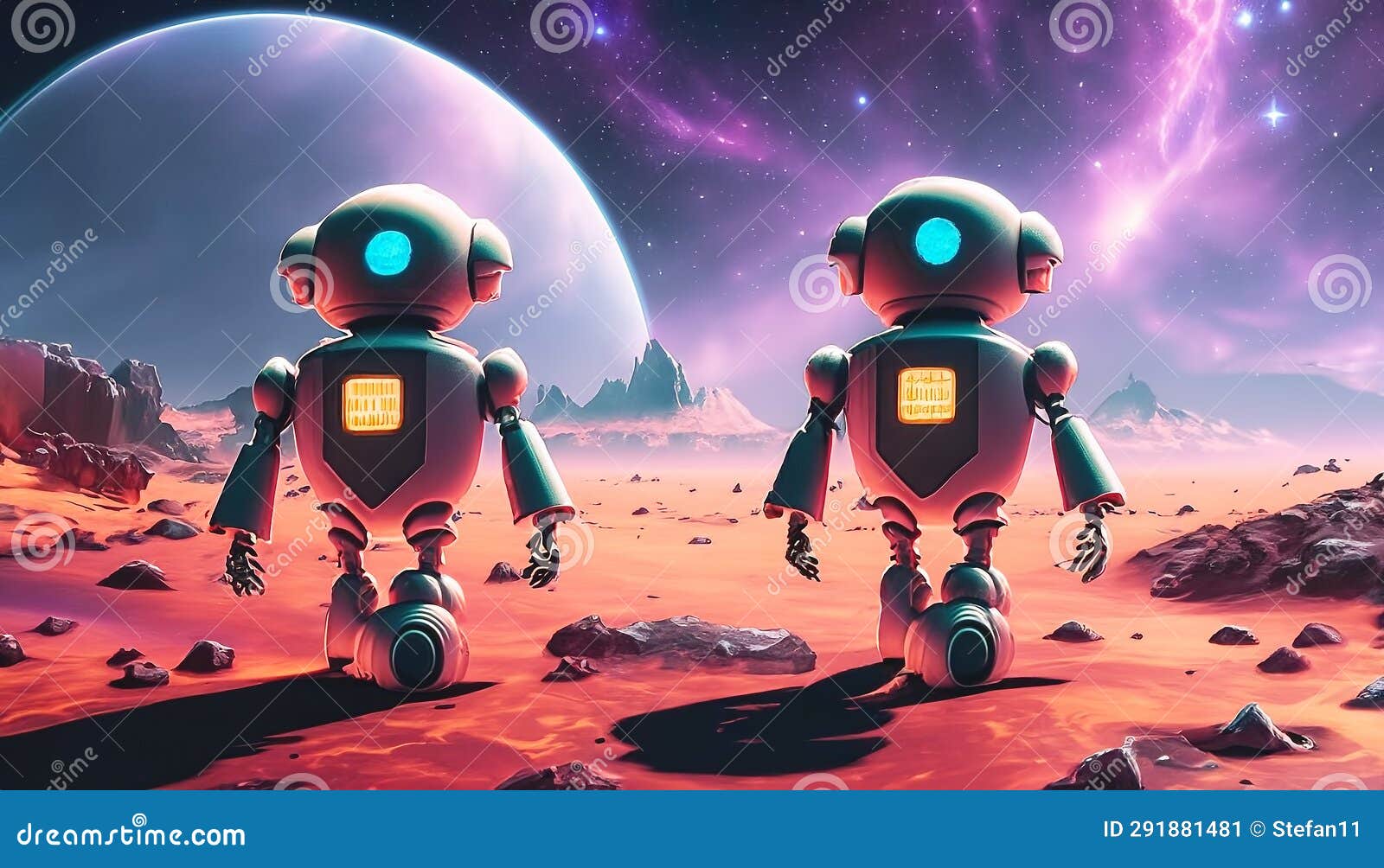 Two Robots Walk on an Exotic Planet Stock Illustration - Illustration ...