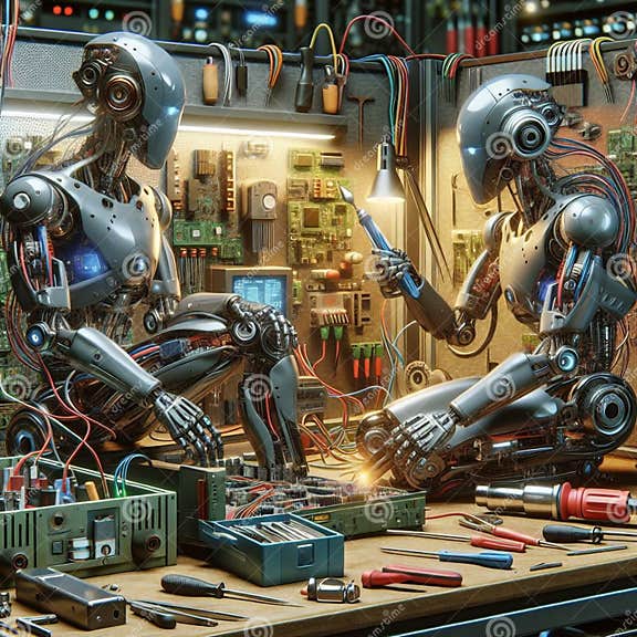 Two Robots are Working Together on a Circuit Board in a Workshop ...