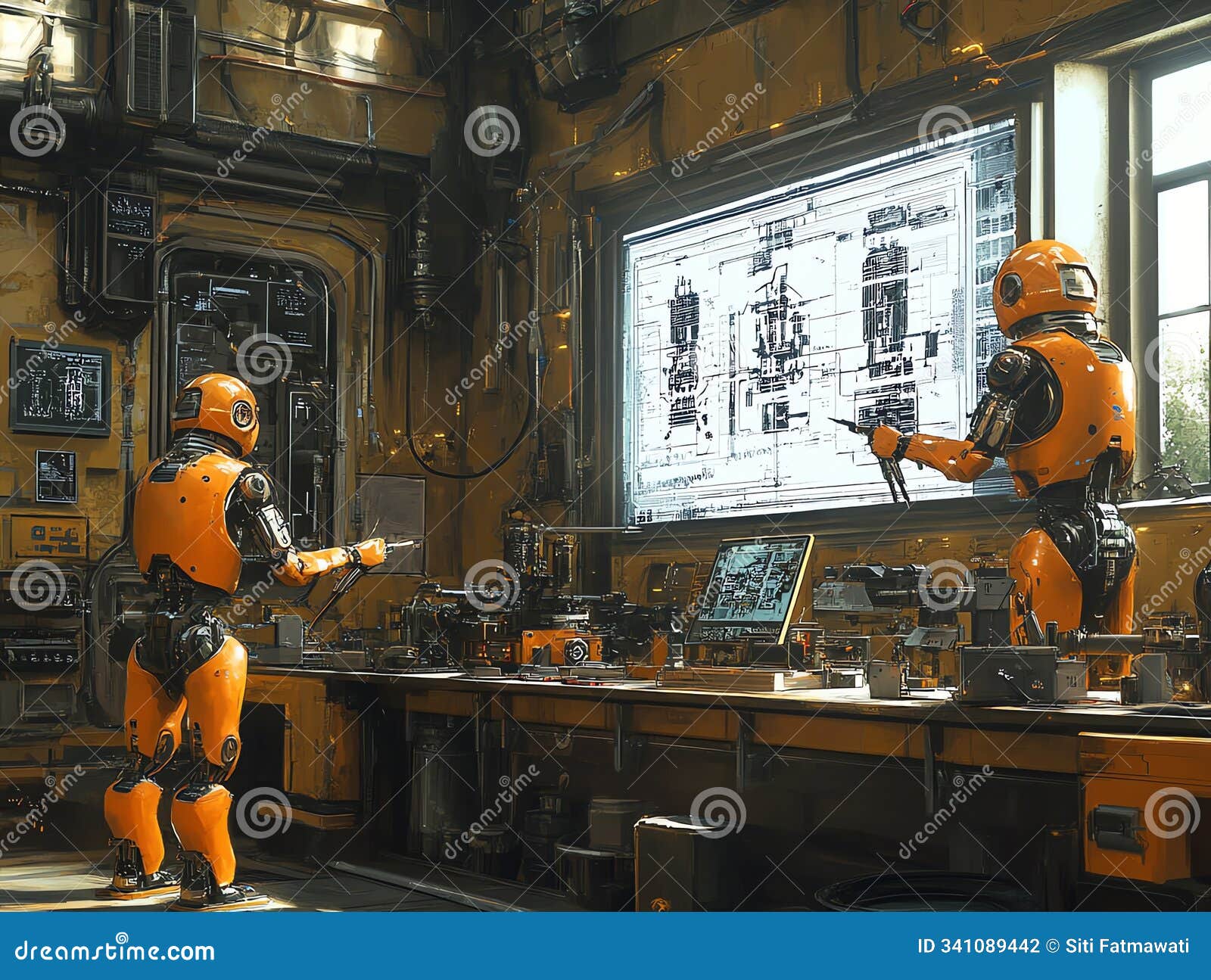 Two Robots are Working Together in a Futuristic Workshop, Looking at a ...