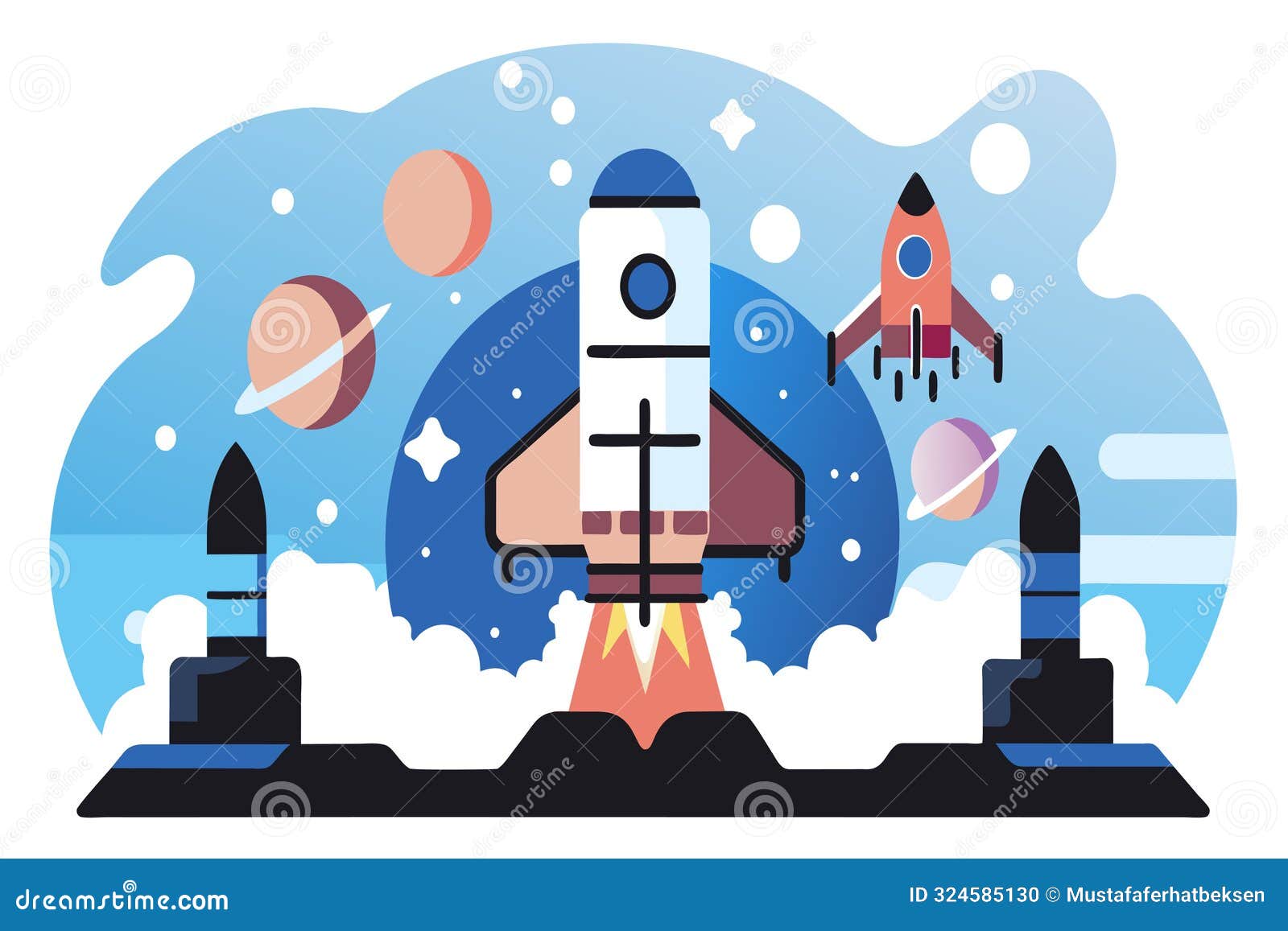Two Rockets Launching Side by Side into a Stylized Cosmic Scene Stock ...