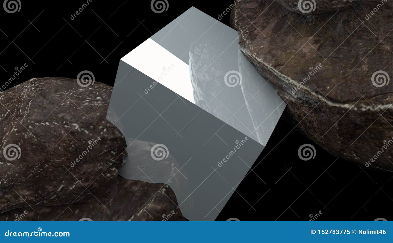 Two Rocks and Cube with Reflection, Abstraction, 3d Rendering Computer ...