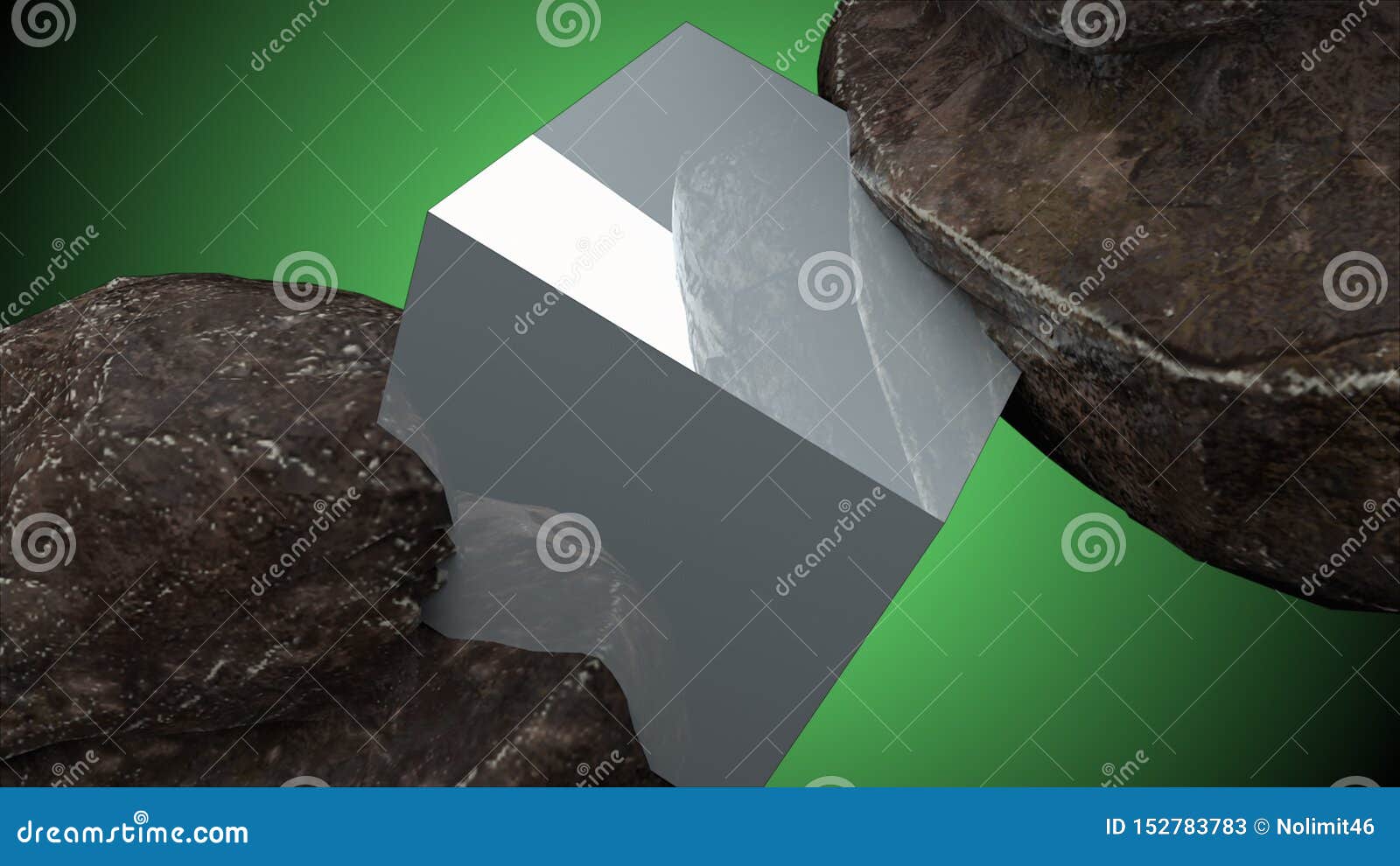 Two Rocks and Cube with Reflection, Abstraction, 3d Rendering Computer ...