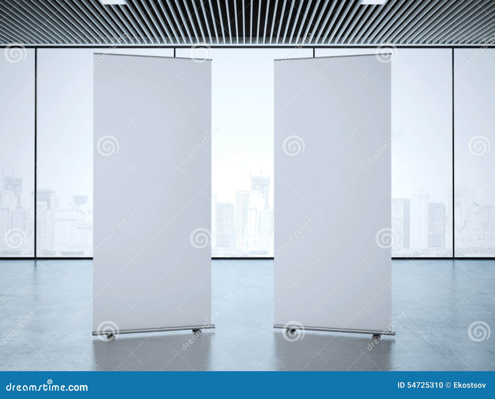Two Roll Up Banners at Office. 3d Rendering Stock Photo - Image of ...