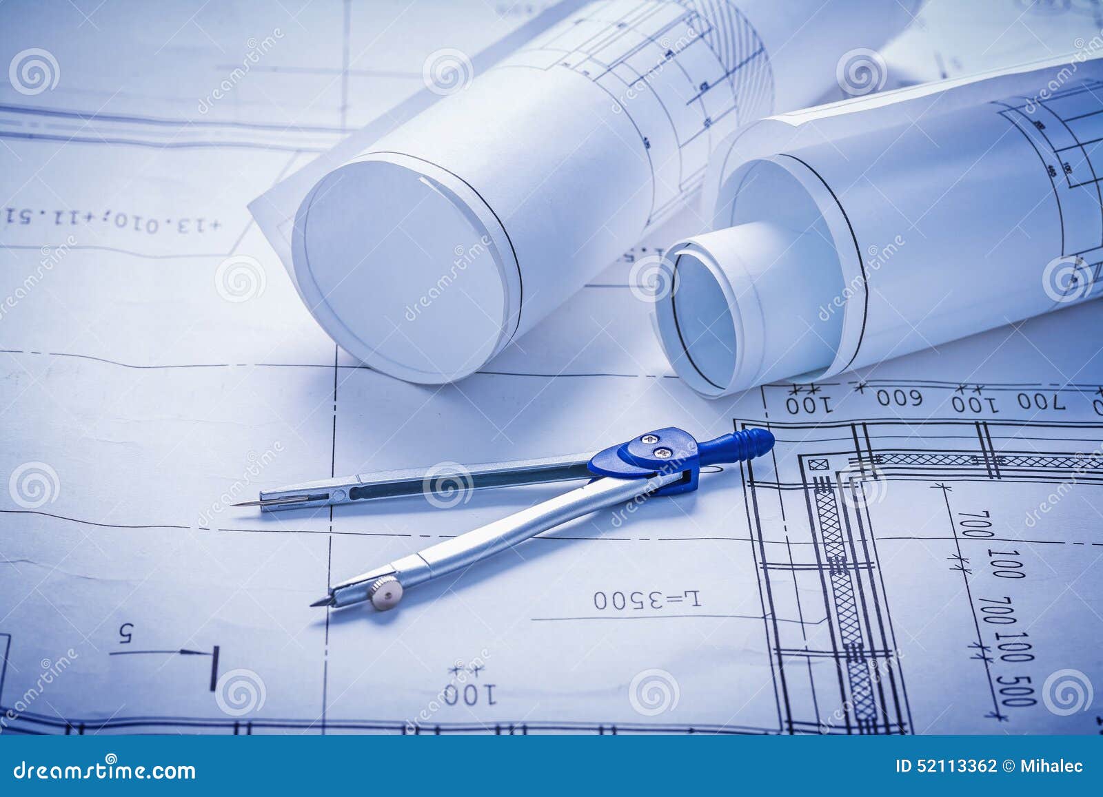 Two Rolled Up Blueprints and Compass Construction Stock Photo - Image ...
