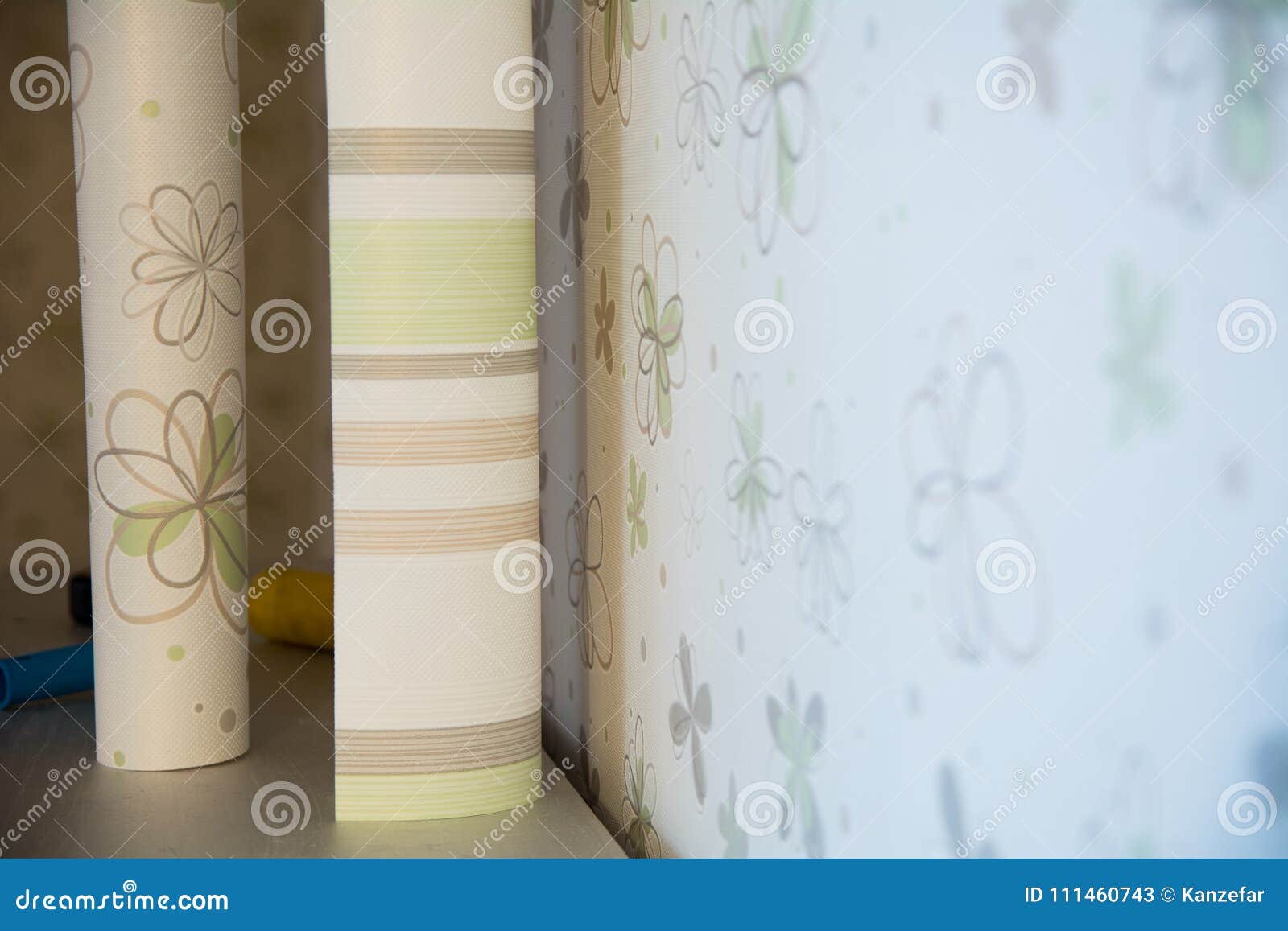 Two Rolls of Wallpaper Stand Against the Wall with Floral Wallpaper ...
