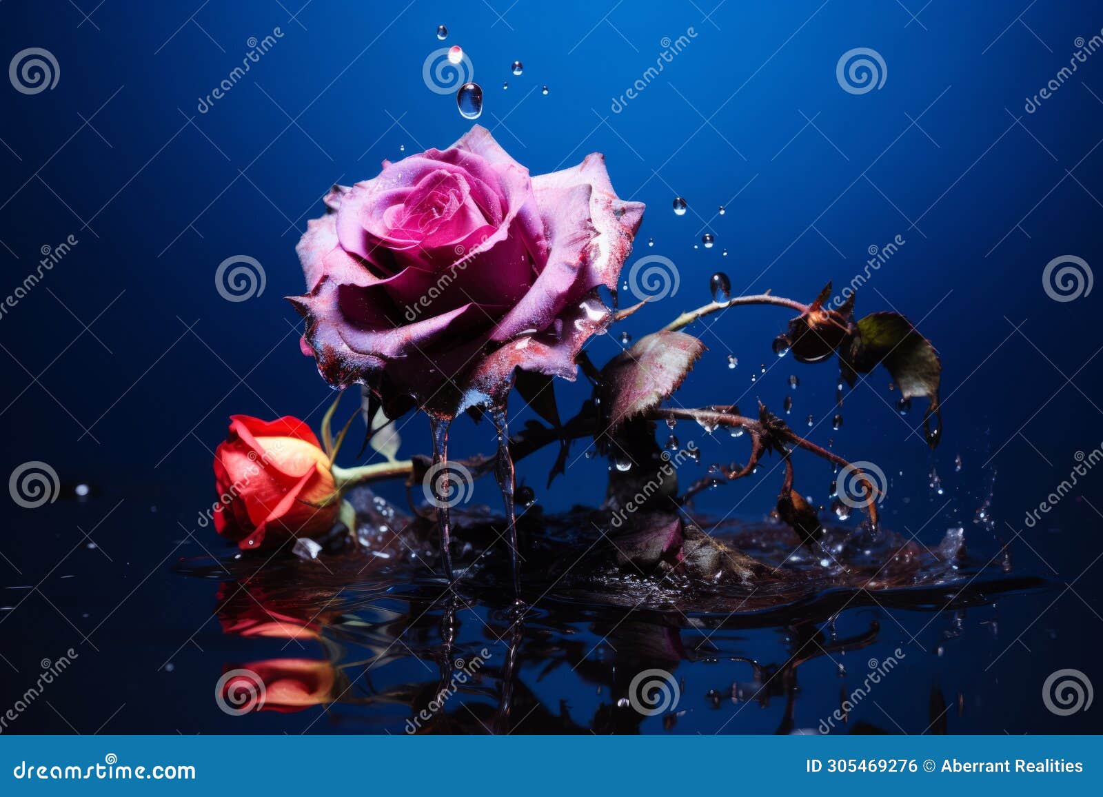 Two Roses are Splashed with Water on a Blue Background Stock ...