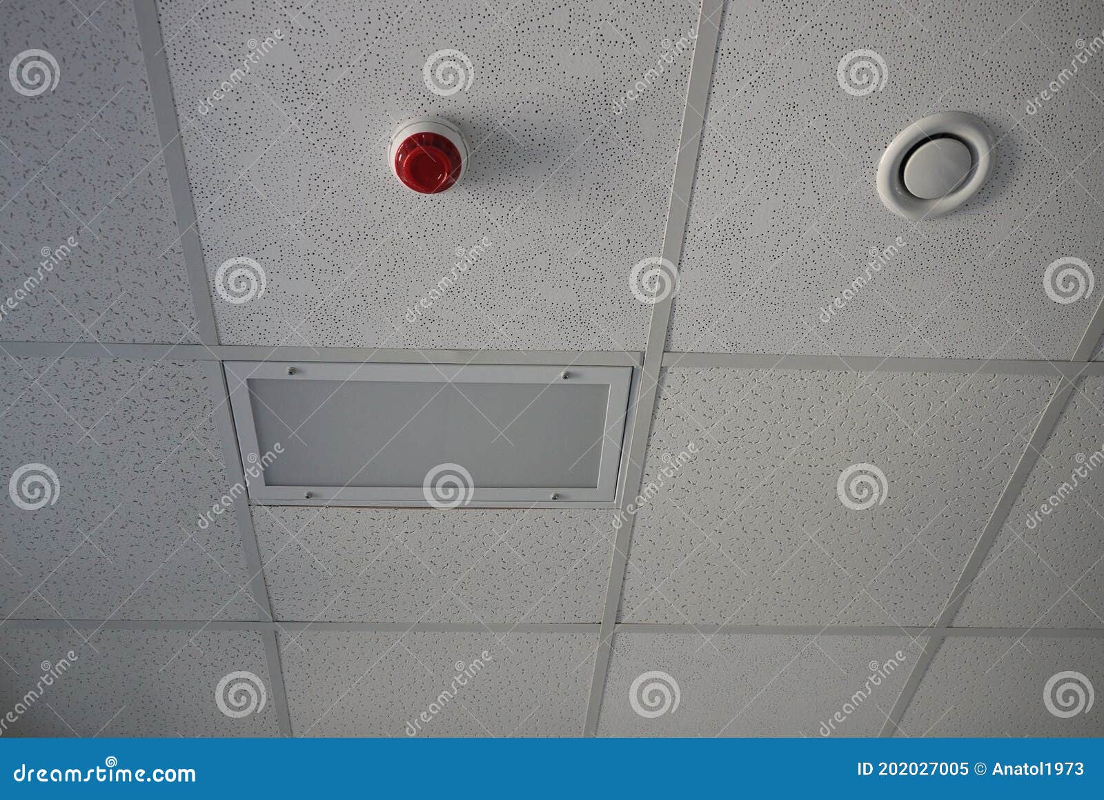 Two Round Plastic Alarm on the Gray Ceiling Stock Image - Image of ...