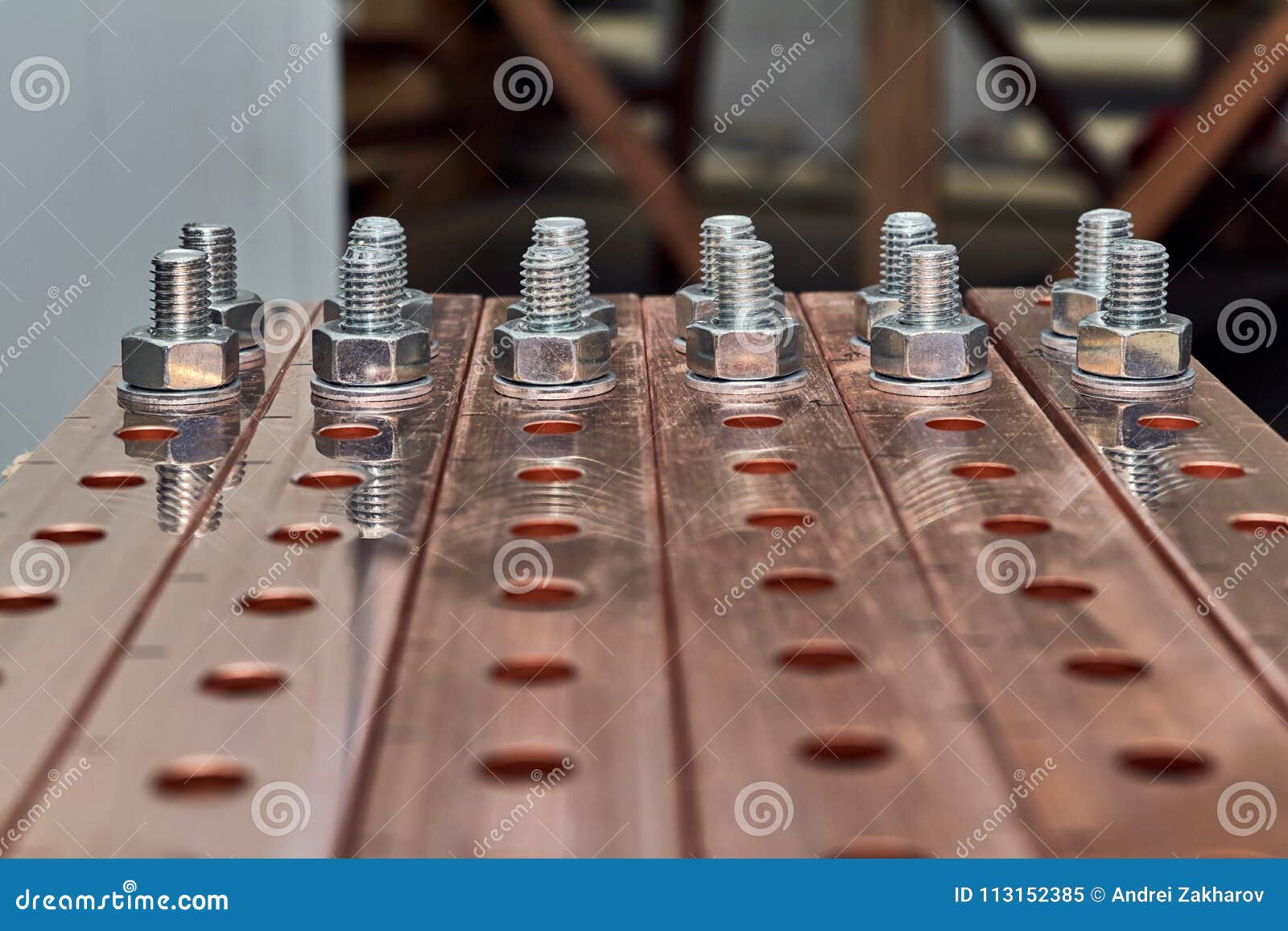 Two Rows of Bolts with Washers and Nuts Fixed in Busbars. Stock Image ...