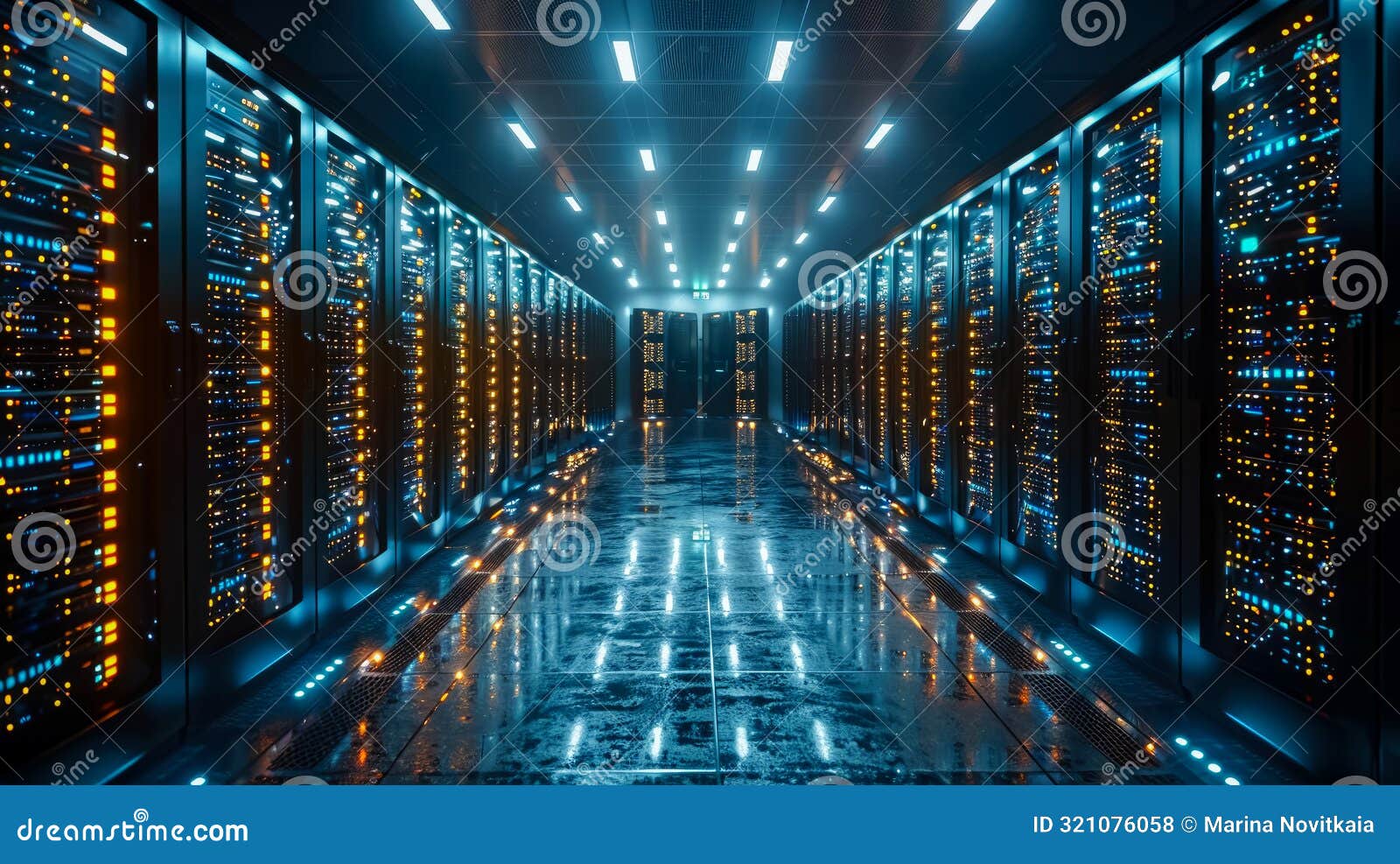 Two Rows of Server Racks in Modern Data Center S Dark Room, Illuminated ...
