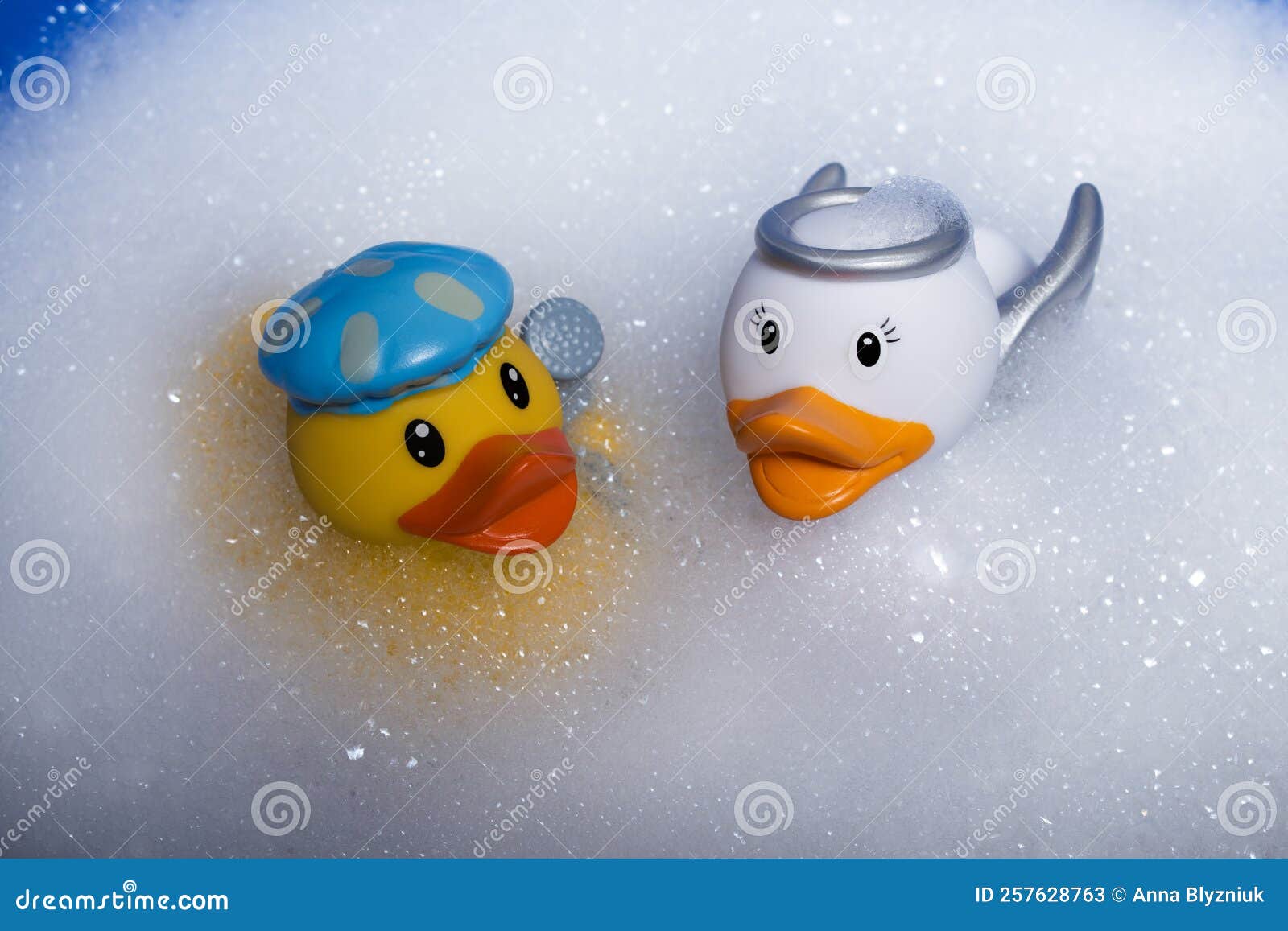 Two Rubber Ducks Swim in Clouds of Soapy Foam Stock Image - Image of ...