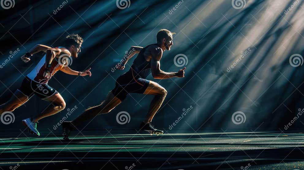 Two Runners on a Track with Dramatic Lighting Stock Image - Image of ...