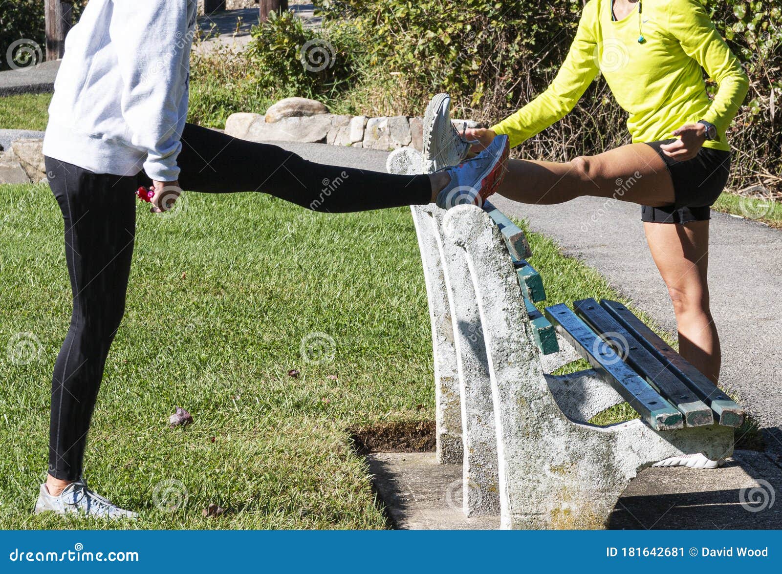 Two Women Using Bench To Stretch Hamstrings in Park Stock Image - Image ...
