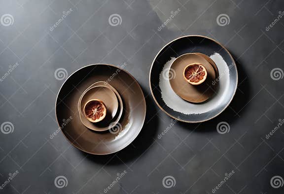 Two Rustic Plates on Gray Background Empty Brown Clay Plate Stock ...