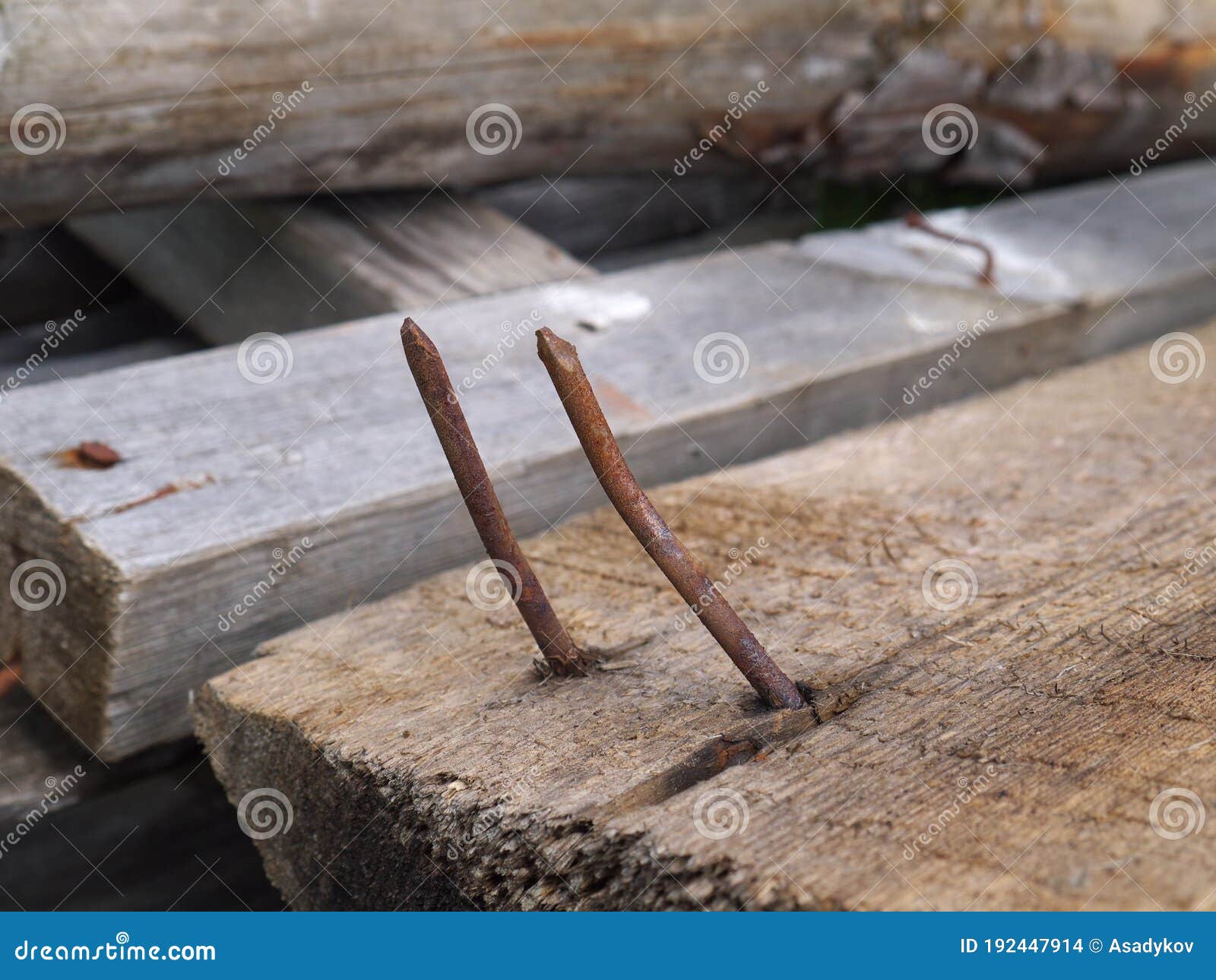 Two rusty curved nails stock photo. Image of crooked - 192447914